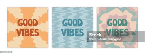 좋은 바이브 그루비 레터링 세트 트렌디 빈티지 디자인의 슬로건의 벡터 일러스트레이션 트리피 추상적 인 배경과 좋은 분위기 문구 텍스트 60 년대 70 년대 긍정적 인 포스터