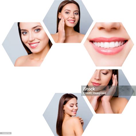 콜라주 클로즈업 5 각형 매력적인 꿈꾸는 여자 효과적인 유용한 얼굴 절차 감동 부드러운 부드러운 깨끗 한 맑은 광택 만족 푸른 회색 배경 위에 고립 디자인에 대한 스톡 사진