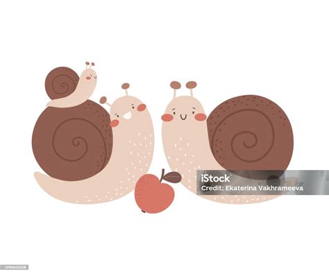 달팽이의 행복한 가족 보호 만화 스타일의 벡터 어린이 일러스트레이션 옷에 인쇄하십시오 가족에 대한 스톡 벡터 아트 및 기타 이미지 가족 달팽이 갈색 Istock