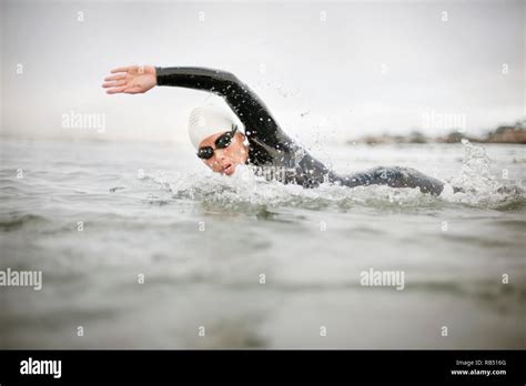 Swim Cap Wetsuit Splashes Front Crawl Outdoor Swimming Hi Res Stock