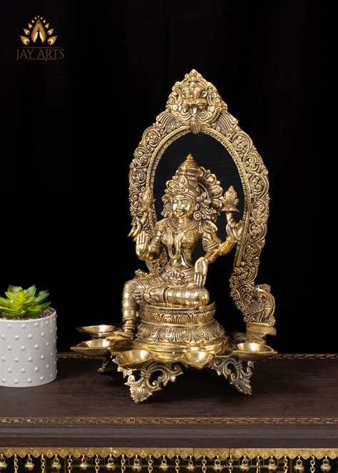 18 Brass Goddess Lakshmi Devi With 5 Lamps And Elaborate Arch Symbol