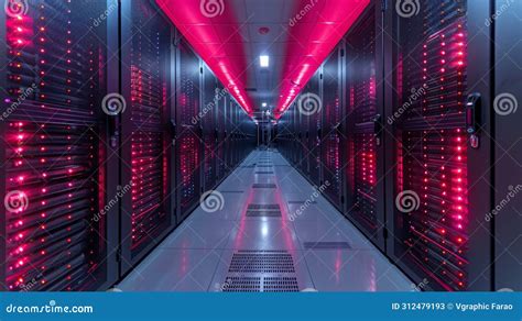 Illuminated Server Room With Red Lights In Data Center Stock Image Image Of Telecommunications
