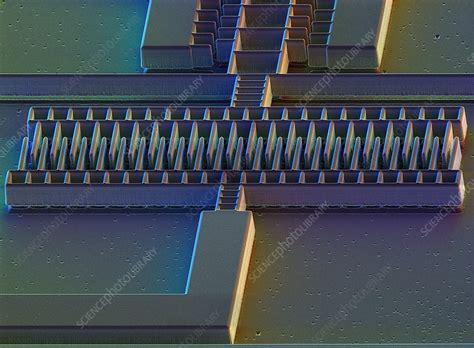 Coloured SEM Of A Micromechanical Accelerometer Stock Image T Science Photo Library