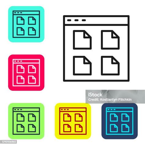 흰색 배경에서 격리된 검은색 줄 브라우저 파일 아이콘입니다 색상 정사각형 단추로 아이콘을 설정합니다 벡터 0명에 대한 스톡 벡터