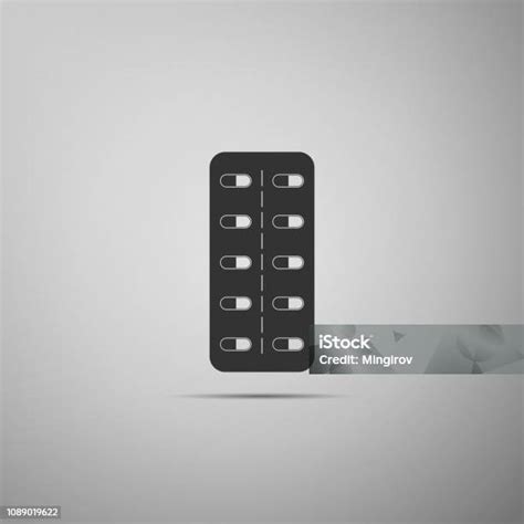 물집 팩 아이콘 회색 배경에 고립에 약 태블릿에 대 한 의료 마약 패키지 비타민 항생제 아스피린 평면 디자인입니다 벡터 일러스트