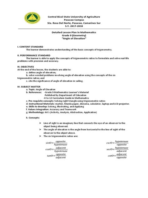 Lesson Plan Angle Of Elevation Pdf Trigonometric Functions