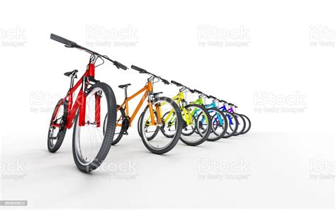 많은 다채로운 자전거에 서 행 흰색 배경에 고립 3 차원 일러스트 레이 션 두발자전거에 대한 스톡 사진 및 기타 이미지 두발