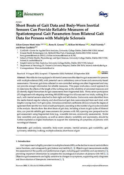 Pdf Short Bouts Of Gait Data And Body Worn Inertial Sensors Can Provide Reliable Measures Of