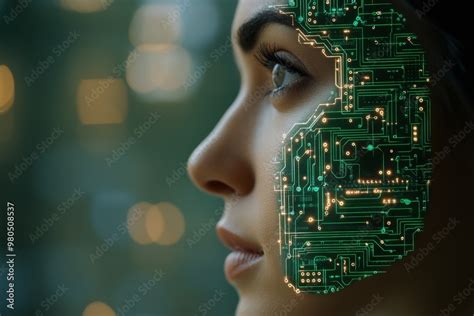 Womans Face Merging With Digital Circuit Patterns Representing Ai Driven Cognition And The
