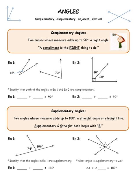 Angles Complementary Supplementary Vertical Adjacent Coloring Worksheets Library