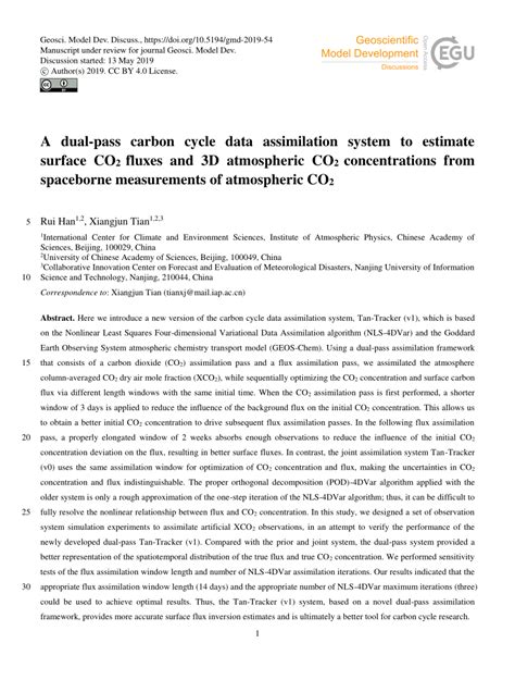 Pdf A Dual Pass Carbon Cycle Data Assimilation System To Estimate Surface Co 2 Fluxes And 3d