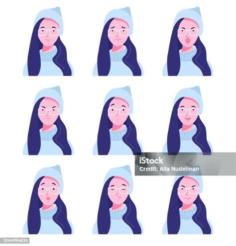 다른 감정을 가진 여성 아바타세트입니다 흰색 배경에 고립 된 다른 얼굴 표정을 가진 안경을 쓴 젊은 여성 플랫 스타일 벡터