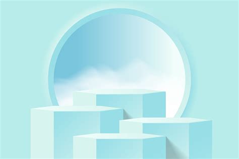 스튜디오 룸에 있는 추상적인 하늘색 3d 배경 현실적인 3d 육각형 연단은 둥근 원 창에 하늘과 구름이 있습니다 모형 또는 제품 진열대를 위해 최소한의 벽 장면으로 렌더링