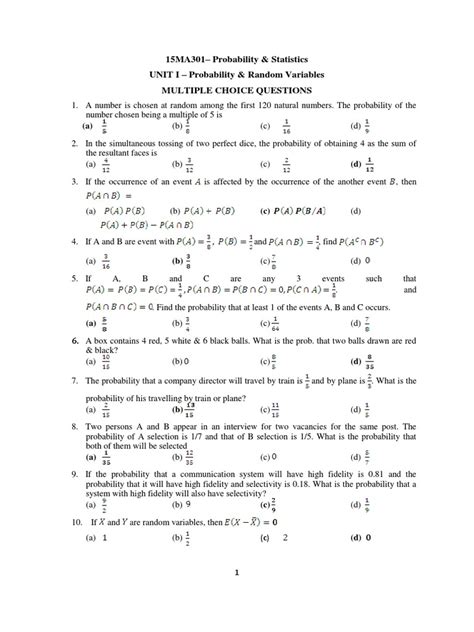 15ma301 Mcq Unit 1 Unit 5 Pdf Type I And Type Ii Errors
