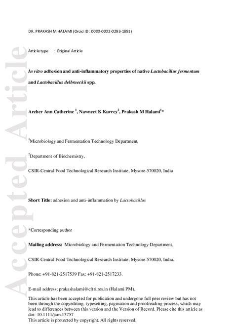 Pdf In Vitro Adhesion And Anti Inflammatory Properties Of Native