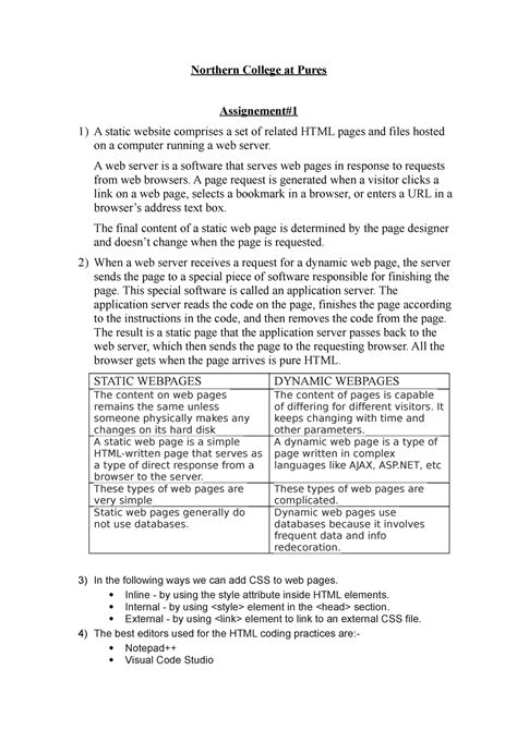 Assignment 1 2 M Northern College At Pures Assignement 1 A Static