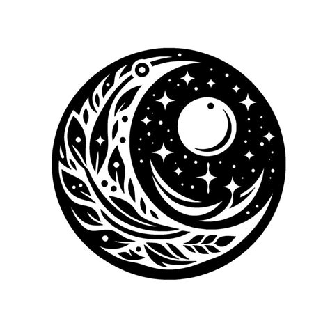 Black And White Celestial Mandala Crescent Moon Stars Floral Elements And A Central Orb
