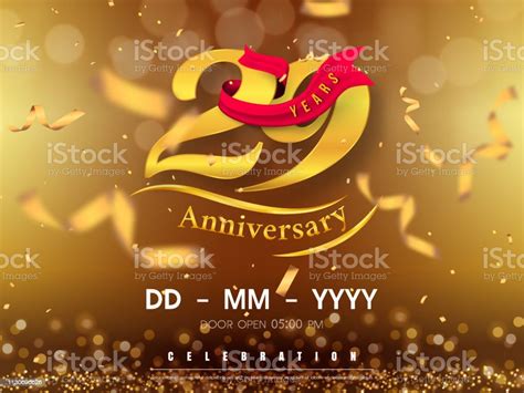 금 배경에 29 년 기념일 로고 템플릿입니다 레드 리본으로 29 축 하 하는 황금 번호 벡터 및 색종이 절연 디자인 요소 광고에 대한 스톡 벡터 아트 및 기타 이미지