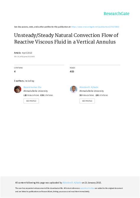 Pdf Unsteadysteady Natural Convection Flow Of Reactive Viscous Fluid