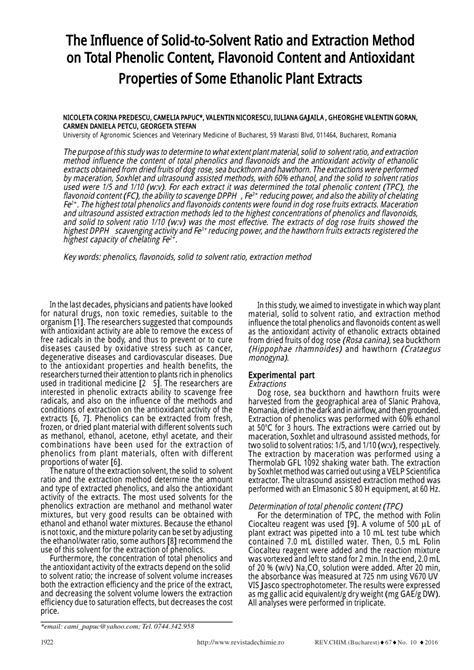 Pdf The Influence Of Solid To Solvent Ratio And Extraction Method On