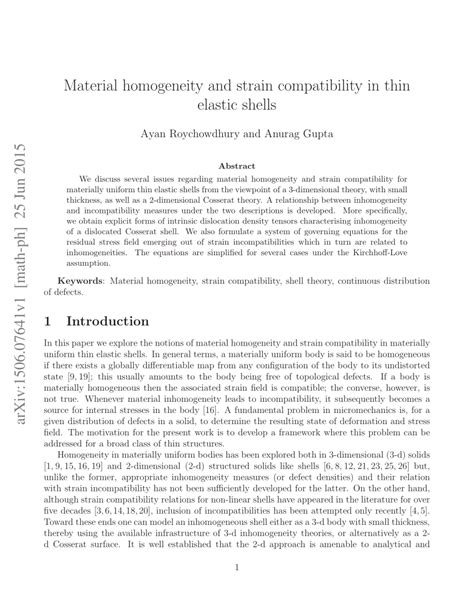 Pdf Material Homogeneity And Strain Compatibility In Thin Elastic Shells