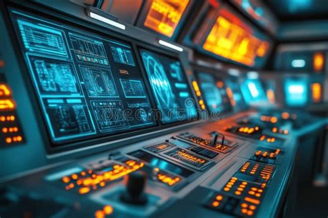 Futuristic Control Panel With Multiple Screens Displaying Data Stock
