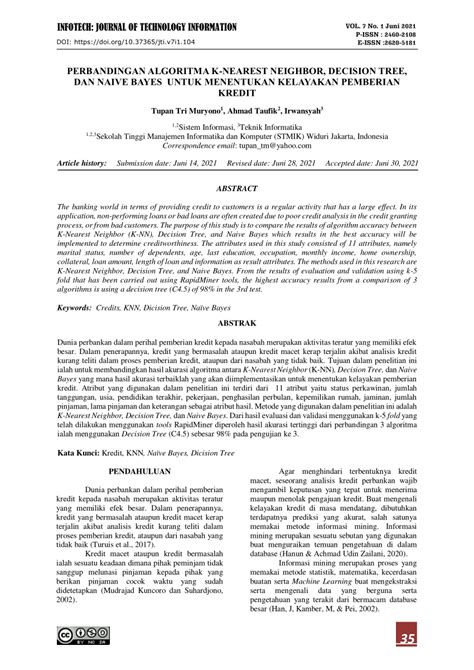Pdf Perbandingan Algoritma K Nearest Neighbor Decision Tree Dan