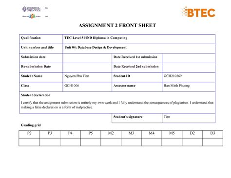 Nguyen Phu Tien GCH Asm Sql ASSIGNMENT FRONT SHEET Qualification TEC Level HND