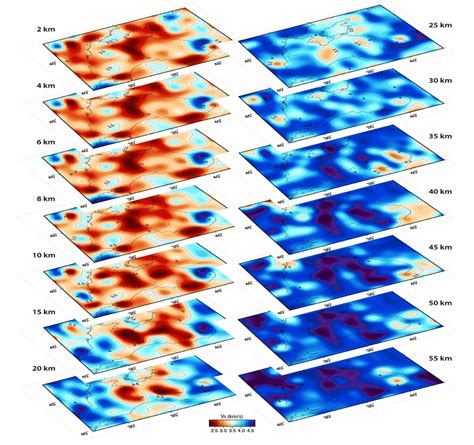 Absolute Shear Wave Velocity Slices At Selected Depths Estimated By