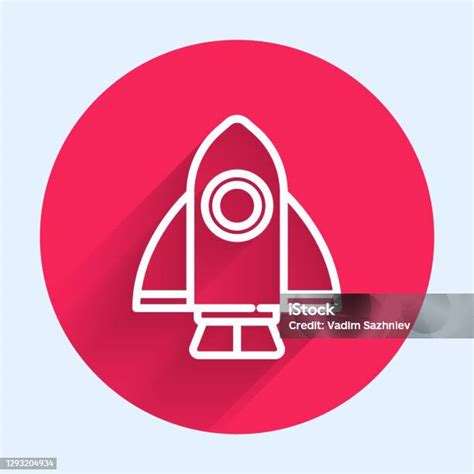 긴 그림자로 격리 된 흰색 라인 로켓 선박 아이콘 우주 여행 빨간색 원 버튼입니다 벡터 Launch Party에 대한 스톡 벡터 아트 및 기타 이미지 Istock