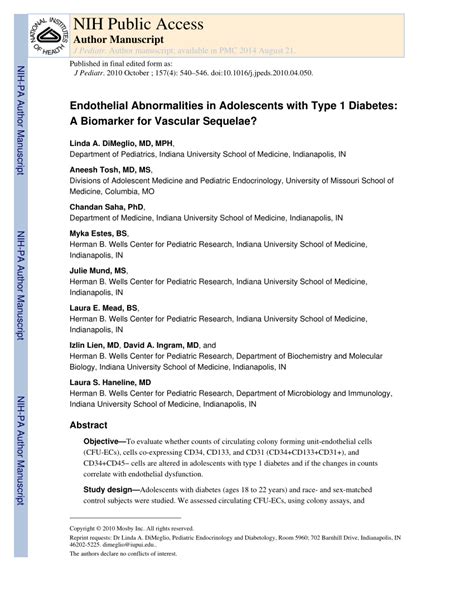 Pdf Endothelial Abnormalities In Adolescents With Type 1 Diabetes A Biomarker For Vascular