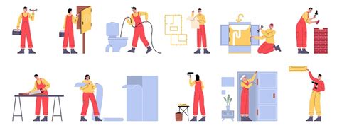 주택 개조 사람들 제복을 입은 전문직 종사자 집 수리 과정 컨디셔너 설치 및 벽지 주인은 벽돌을 낳습니다 벡터 빌더 여단 작품 세트 장인에 대한 스톡 벡터 아트 및 기타