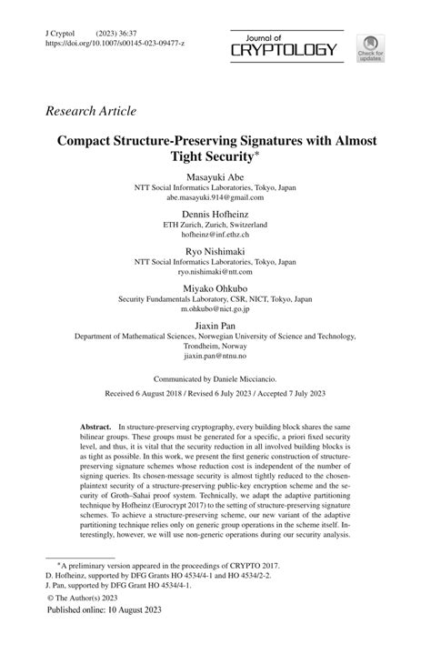 Pdf Compact Structure Preserving Signatures With Almost Tight Security