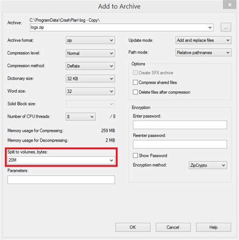 windows 7 how to zip a big folder into small files limited to 20mb