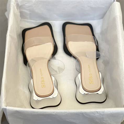 여성용 야외 미드 럭셔리 슬라이드 신발 투명 힐 판토플 스퀘어 힐 디자이너 2022 블록 Pu 고무 로마 패션 Aliexpress