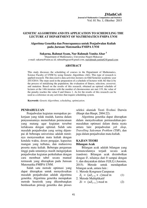 PDF Algoritma Genetika Dan Penerapannya Untuk Penjadwalan Kuliah Pada Jurusan Matematika FMIPA UNM