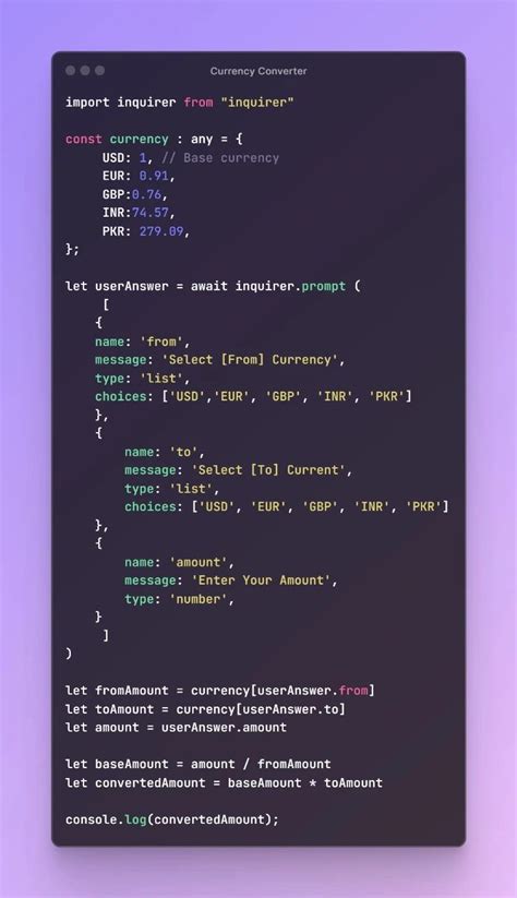 finished a currency converter with javascript typescript and inquirer