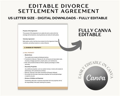 Editable Divorce Settlement Agreement Template Digital Download Etsy
