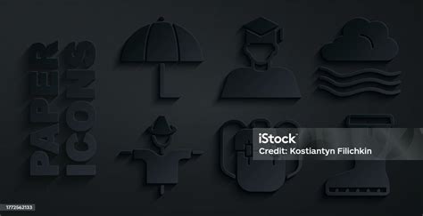 학교 배낭 바람이 부는 날씨 허수아비 방수 고무 부츠 졸업생 및 졸업 모자 및 우산 아이콘을 설정합니다 벡터 3차원 형태에 대한 스톡 벡터 아트 및 기타 이미지 Istock