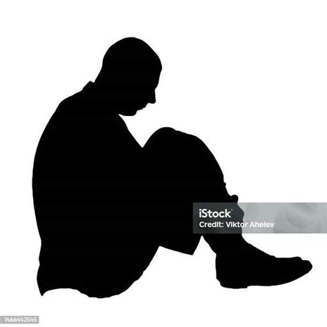 외로운 슬픈 남자는 다리를 집어 넣고 바닥에 앉아 우울증 스트레스 및 슬픔을 경험합니다 우울증 스트레스의 개념 실루엣에 대한 스톡 벡터 아트 및 기타 이미지 Istock