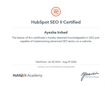 Ayesha Irshad On Linkedin Excited To Share That I Am Hubspot Seo Ii Certified Now This Advanced