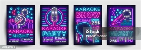 가라오케 파티 포스터 컬렉션 네온 벡터입니다 가라오케 밤 디자인 서식 파일 밝은 네온 브로셔 현대 동향 디자인 빛 배너 파티 광고 엽서에 인쇄 술 초대 벡터 노래방기계에