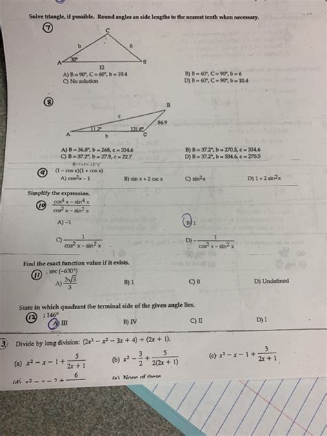 solved solve triangle if possible round angles an side