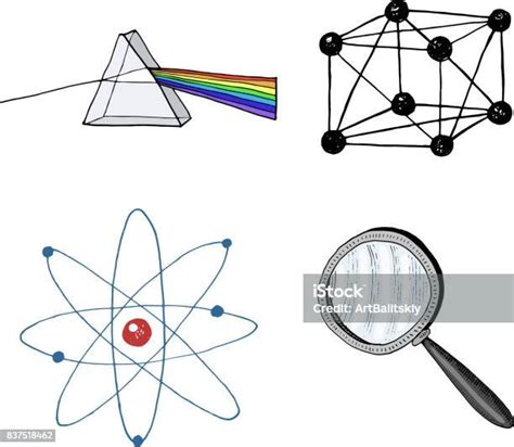 원자와 프리즘 돋보기 및 결정 격자입니다 오래 된 스케치와 빈티지 기호에 새겨진된 핸드 계산 물리학 과학의 학교 및 실험실 실험을 다시 0명에 대한 스톡 벡터 아트 및 기타