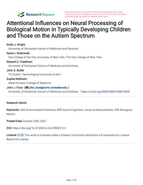Pdf Attentional Influences On Neural Processing Of Biological Motion In Typically Developing