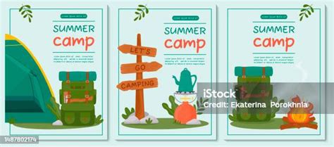 여름 캠핑 여행 여행 하이킹 관광 자연 여행 피크닉을 위한 포스터 세트 포스터 배너 전단지 표지 특별 제안 특별 제안의 디자인 벡터 그림입니다 가리기에 대한 스톡 벡터 아트