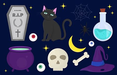 할로윈은 무섭고 마법 같은 아이템의 대규모 컬렉션입니다 다람쥐 검은 고양이 마녀 채팅 뼈 및 기타 마법 속성 즐거운 할로윈 보내세요 벡터 플랫 그림 10월에 대한 스톡 벡터