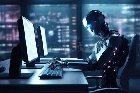 3d Rendering Humanoid Robot Working On Computer In Office At Night Time