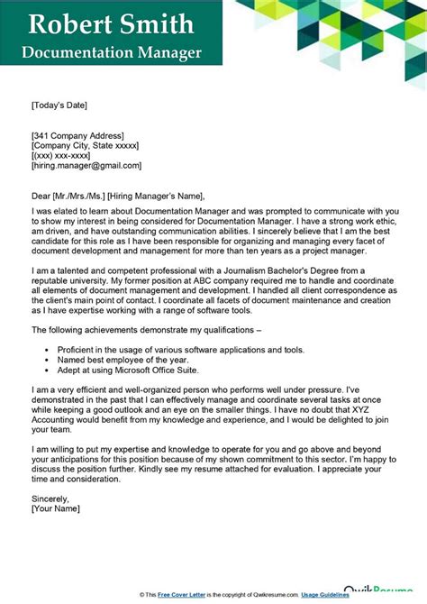 documentation manager cover letter examples qwikresume