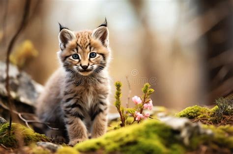 Cute Woodland Bobcat With Colorful Wildflowers And Butterflies Forest Style Nature Stock